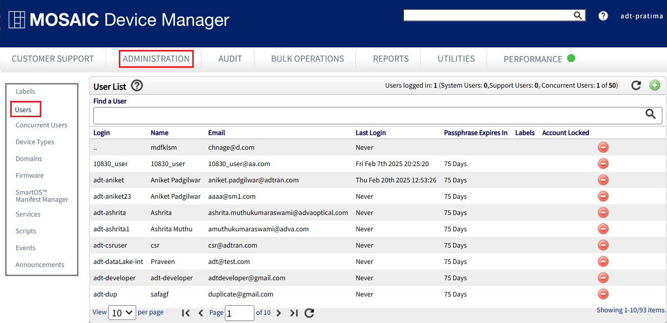 Administration of Users